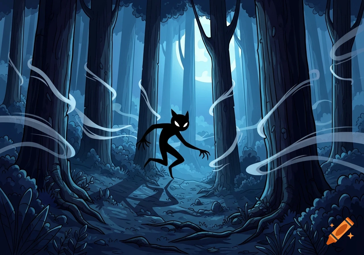 A cartoon illustration of a shadowy cat-like creature with glowing ...
