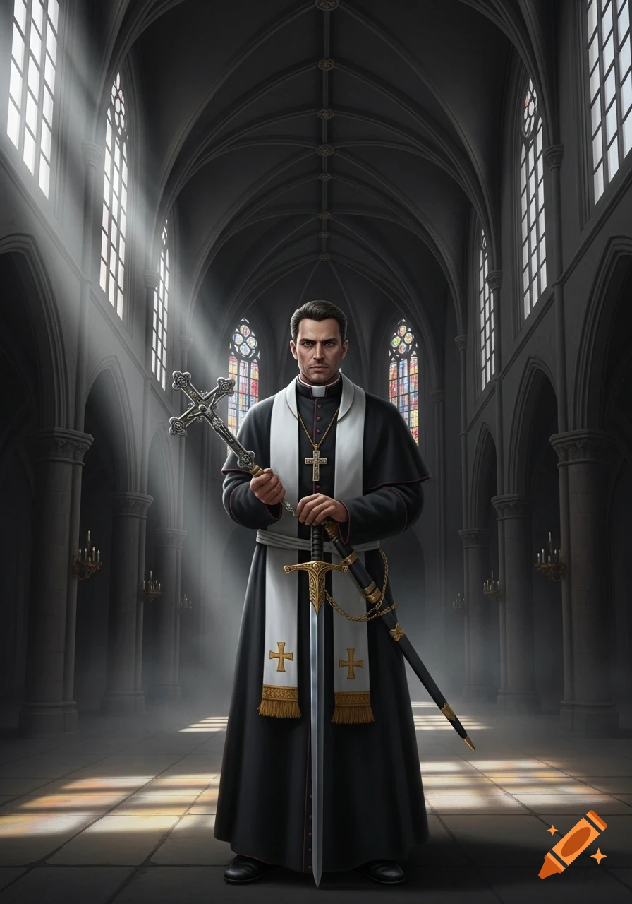 A solemn armed Catholic priest stands in a gothic church, holding a ...
