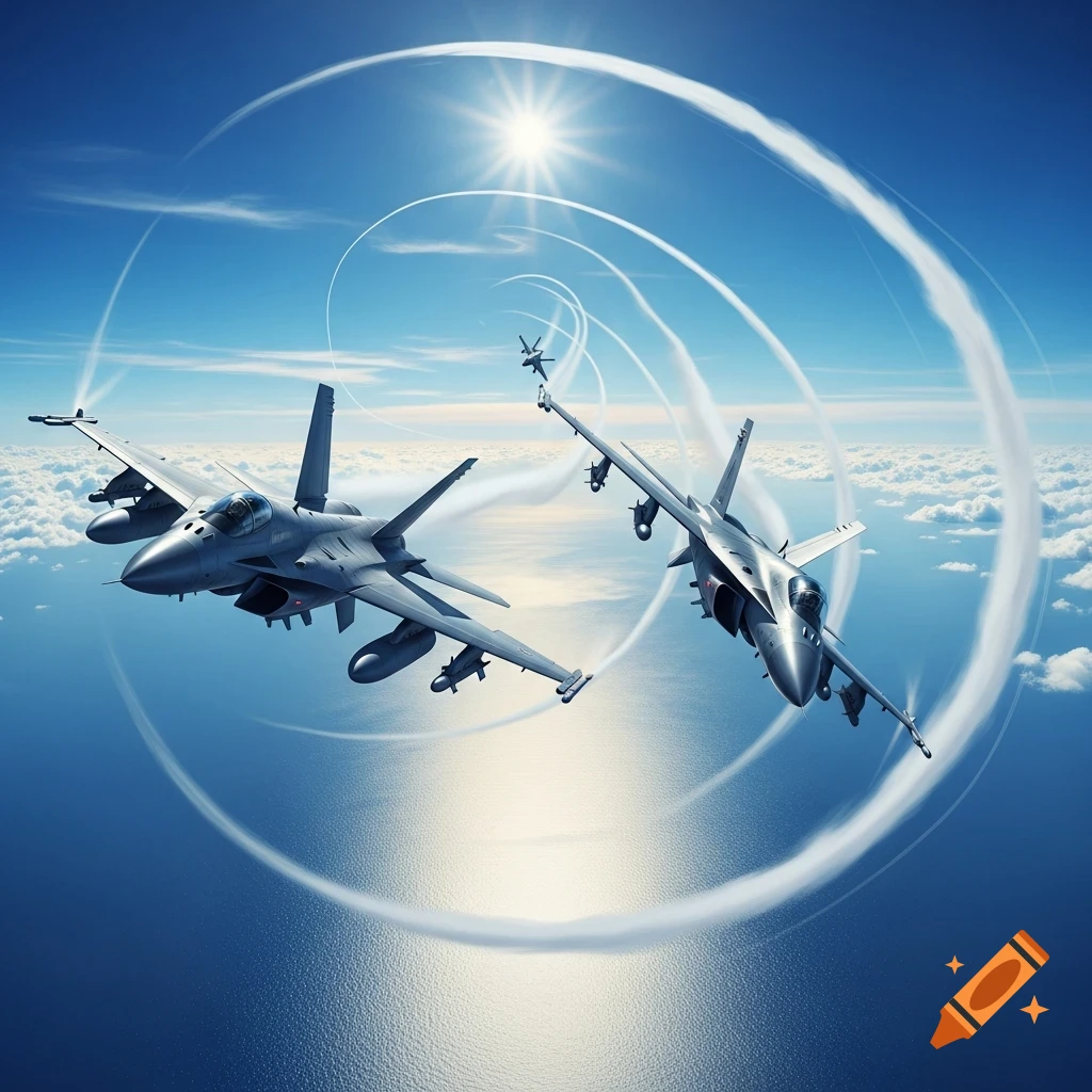 Two fighter jets turn in a bright blue sky with swirling contrails over ...