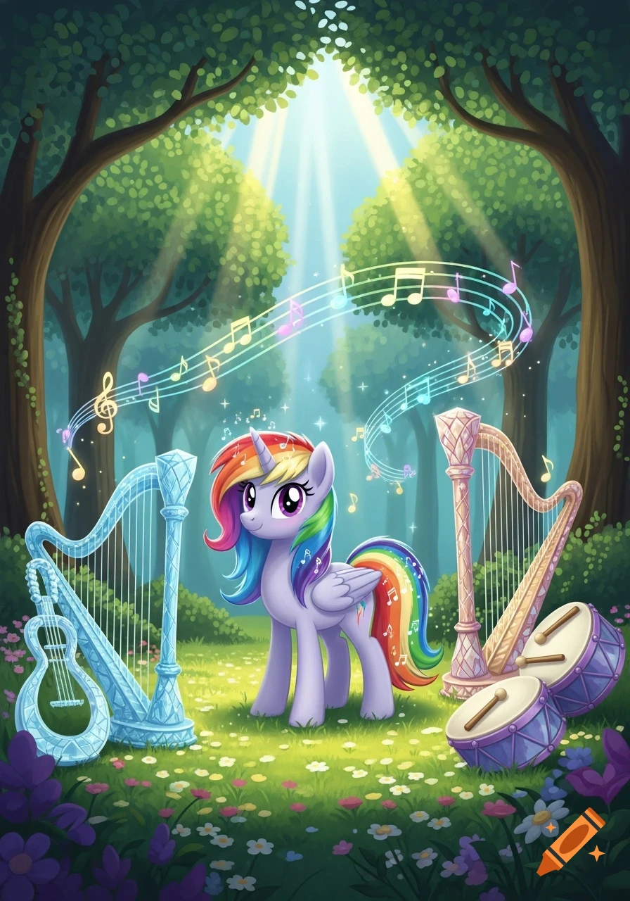 A purple My Little Pony with a rainbow mane and tail stands in a lush ...