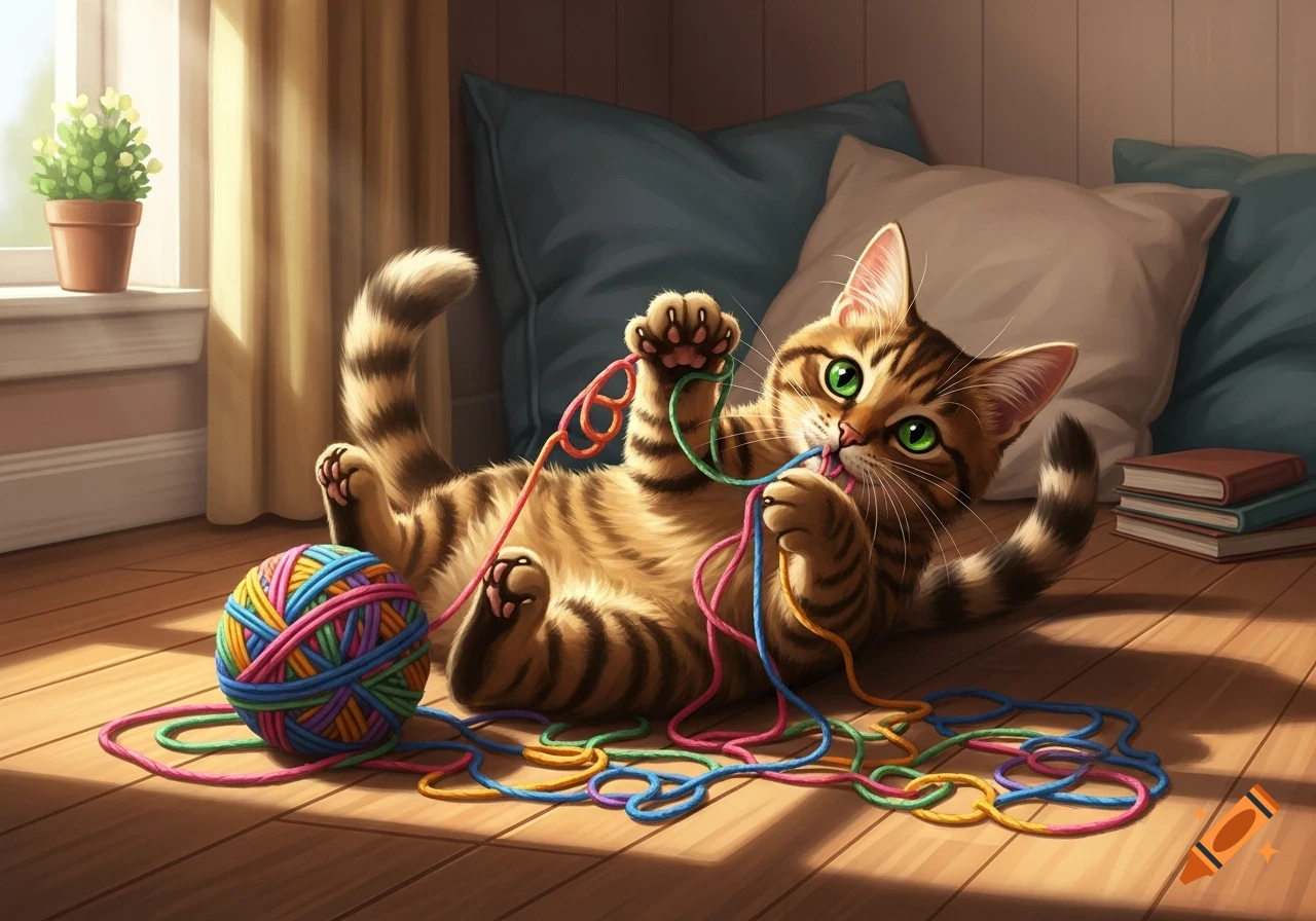 A playful tabby cat with bright green eyes is tangled in colorful yarn ...