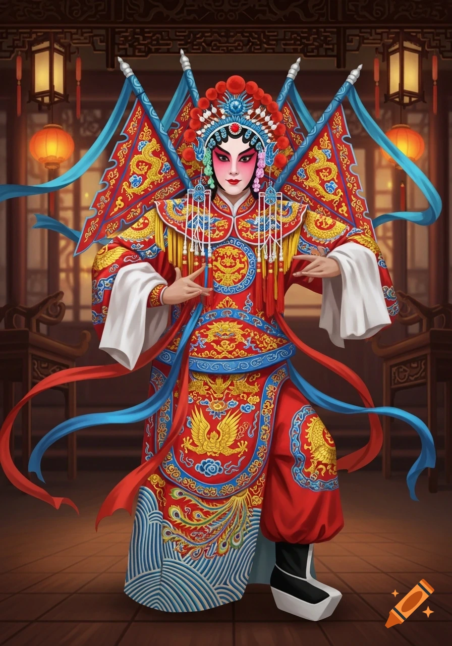 Illustrated Peking Opera performer in an elaborate red and gold costume ...