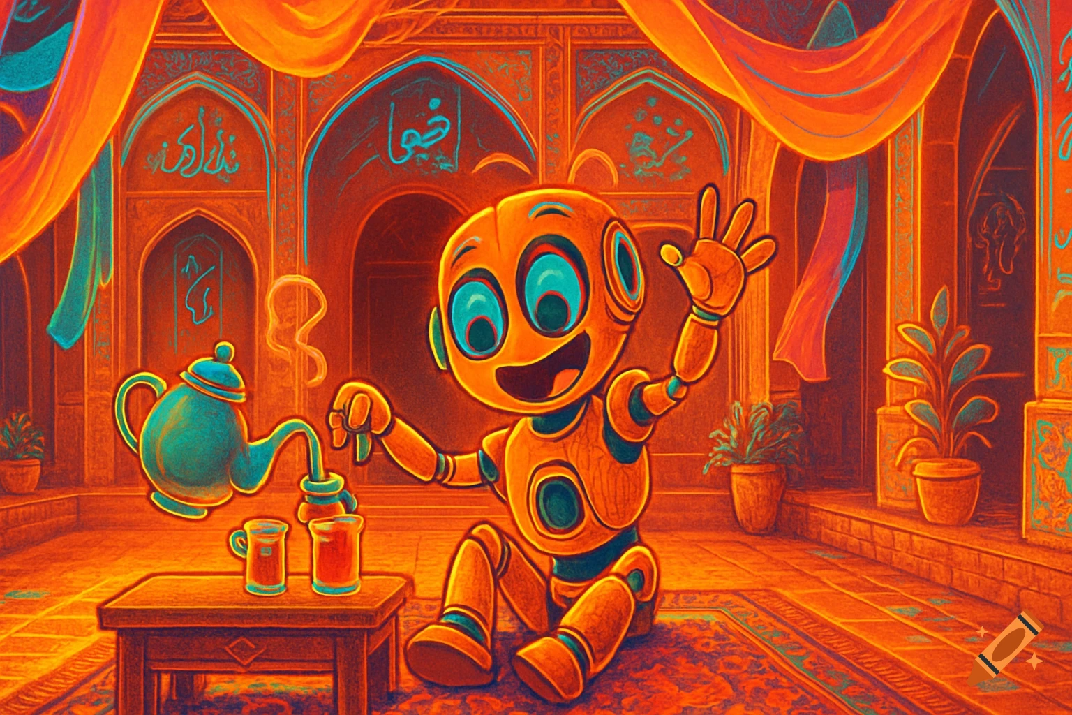 A whimsical orange robot with large blue eyes pours tea in a vibrant, colorful Persian courtyard ...
