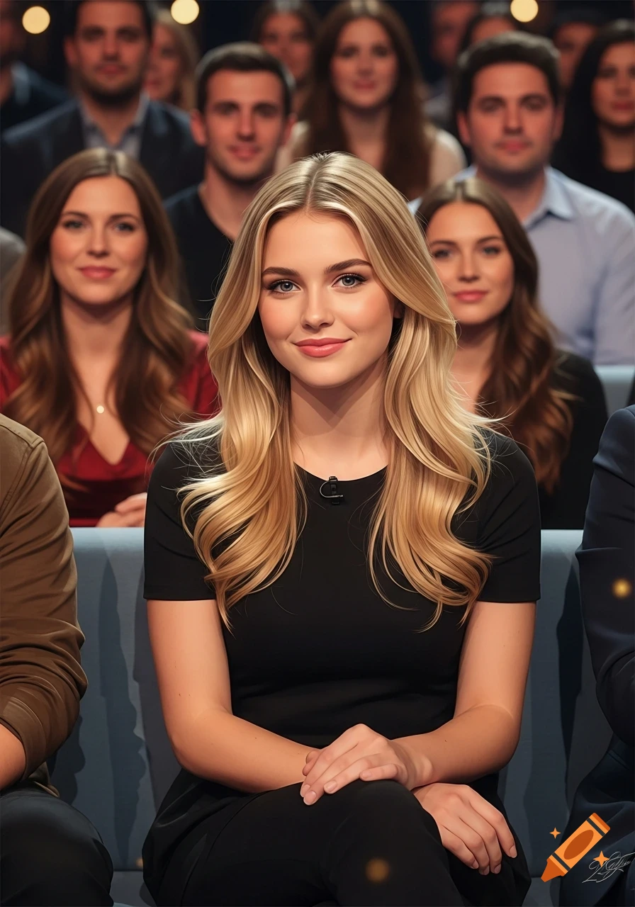 Photorealistic portrait of a beautiful blonde woman smiling in a TV ...