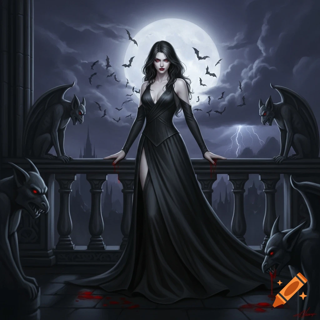 A gothic female vampire in a long black dress stands on a stone balcony ...