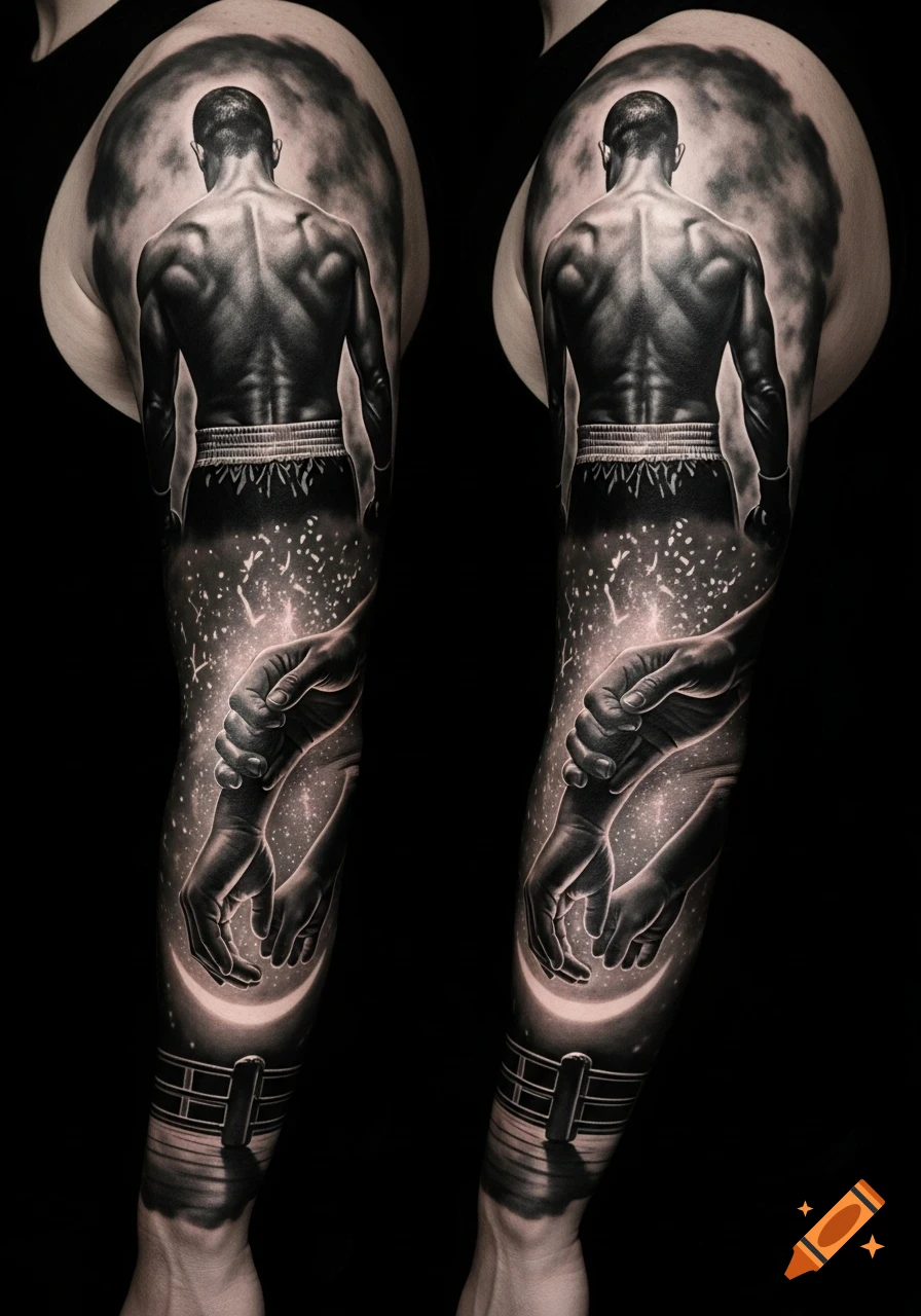 Photorealistic black and white full-arm sleeve tattoo of a boxer's back ...