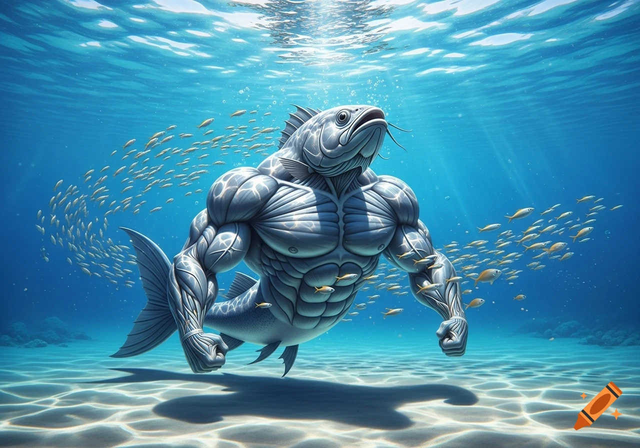 A muscular, humanoid fish creature swims powerfully underwater ...
