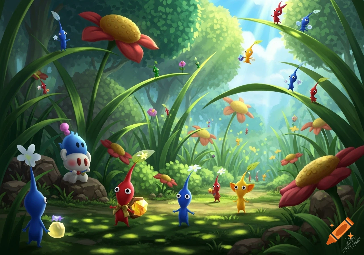 A vibrant illustration of many colorful Pikmin and a white and blue ...