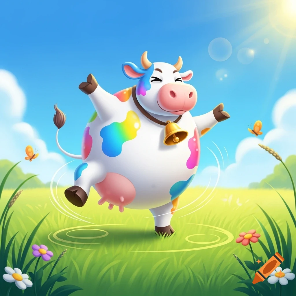 A happy, round, cartoon cow with colorful rainbow spots and a bell ...