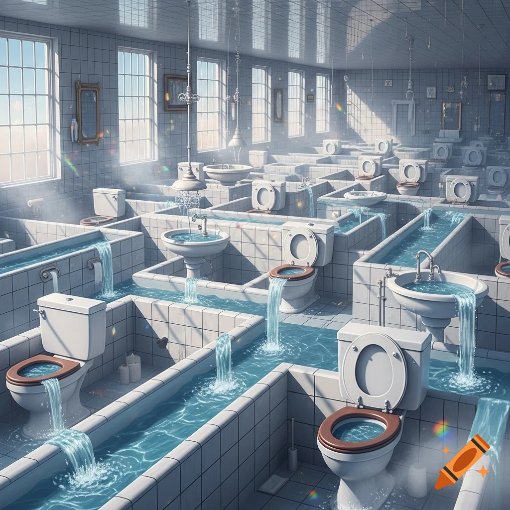 A surreal, brightly lit bathroom maze with numerous overflowing toilets ...