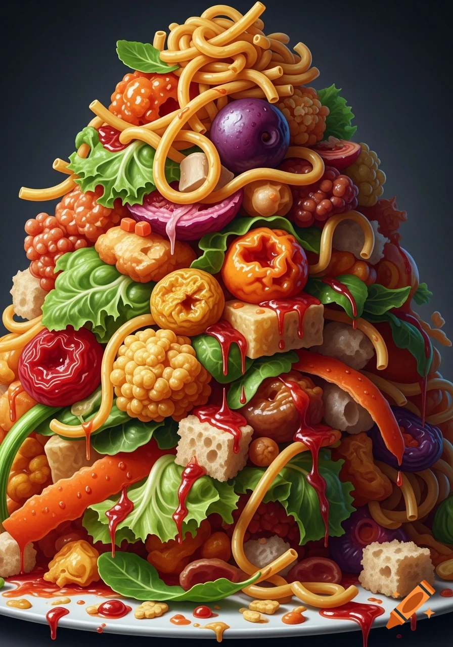 A towering, unappetizing pile of food scraps, including pasta ...