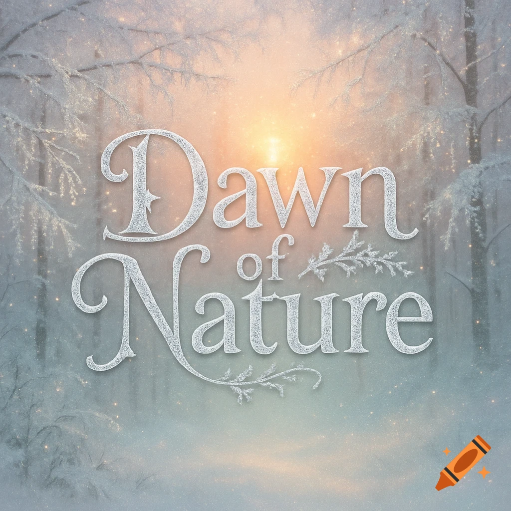 Text logo 'Dawn of Nature' shimmering over a snowy winter forest at ...
