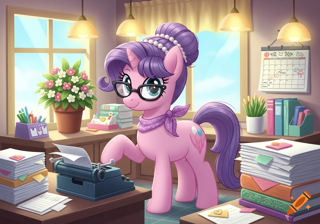 A pink My Little Pony unicorn with purple hair, glasses, and a scarf ...