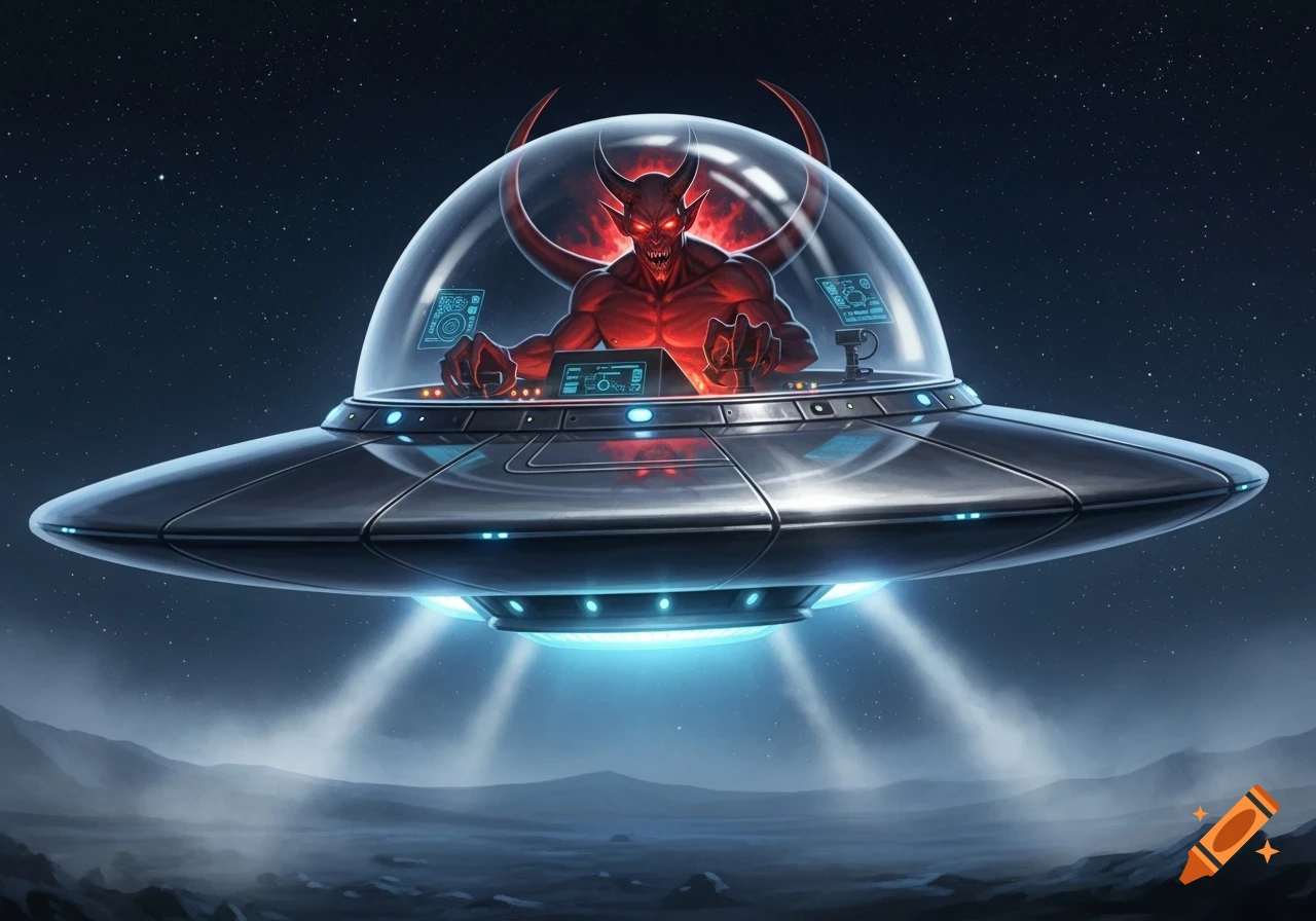 A red horned demon pilots a classic domed UFO with glowing lights ...