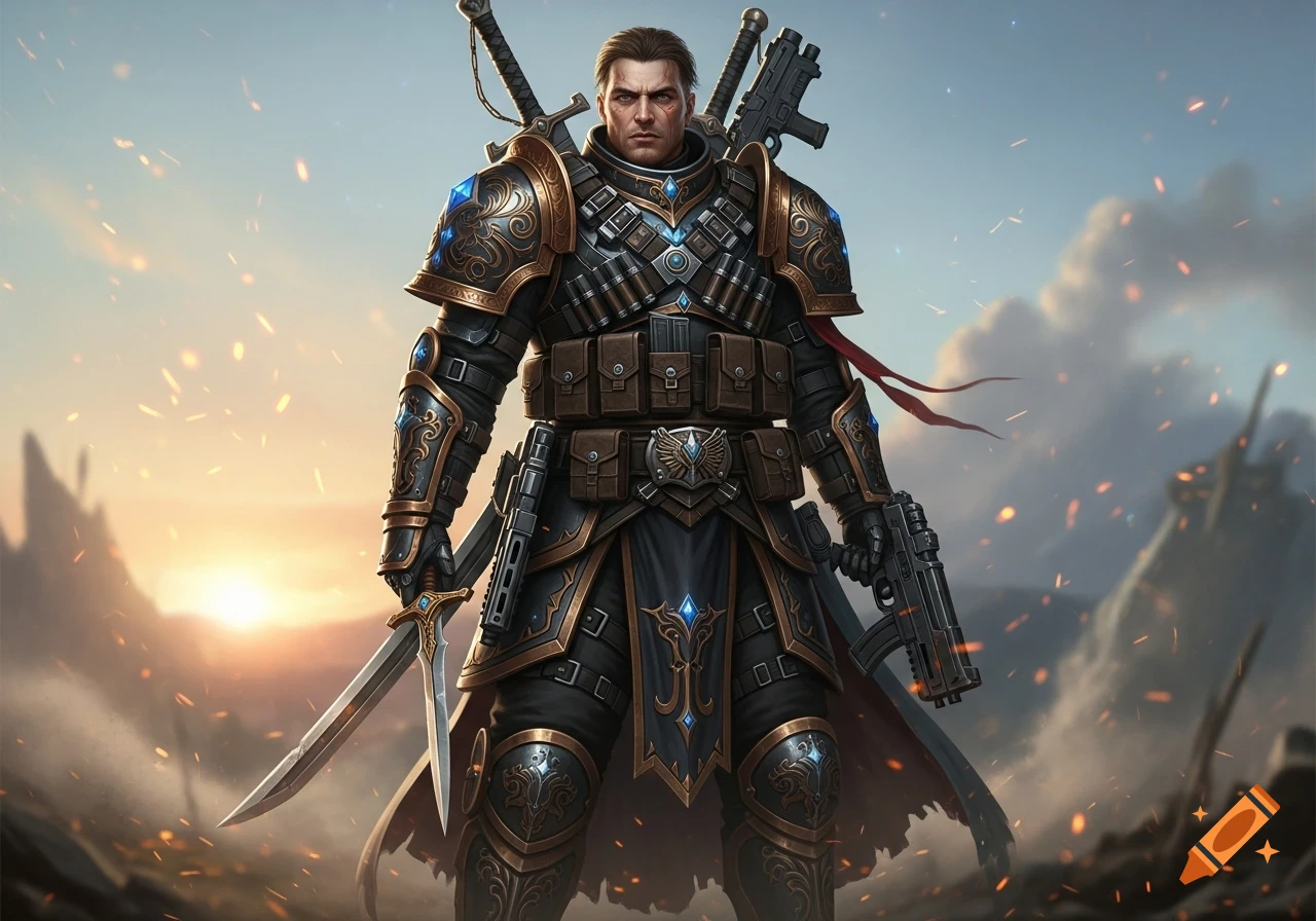 Heavily armored male warrior stands with a sword and futuristic gun ...