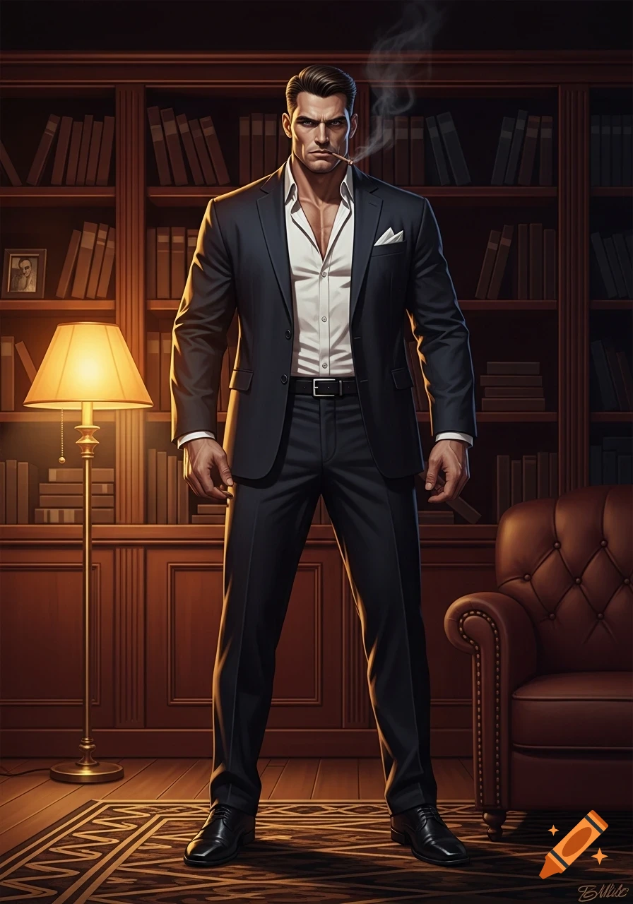 A muscular man in a dark suit and white shirt stands in a dimly lit ...