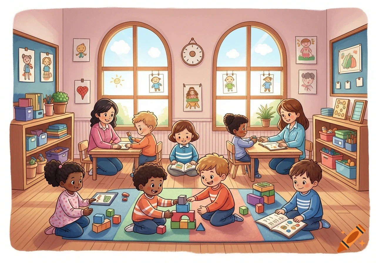 A bright cartoon classroom with diverse children and teachers reading ...