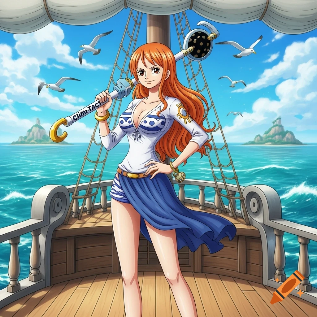 Anime portrait of Nami from One Piece, with orange hair, holding her ...
