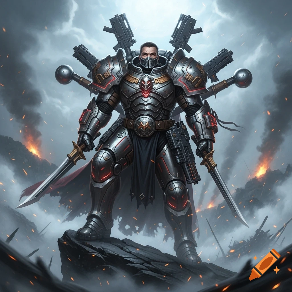 A heavily armored warrior in power armor with swords and guns stands on ...