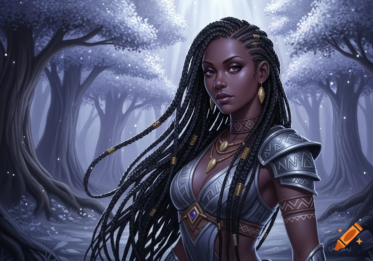 A dark-skinned fantasy warrior with long black braids and purple eyes ...