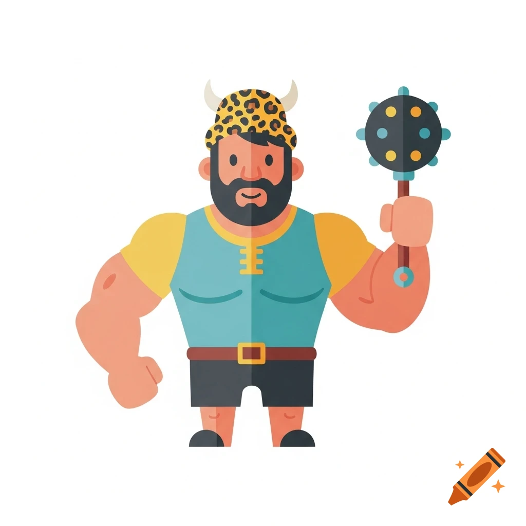 A cute, simple cartoon of a strong man with a beard, wearing a leopard ...