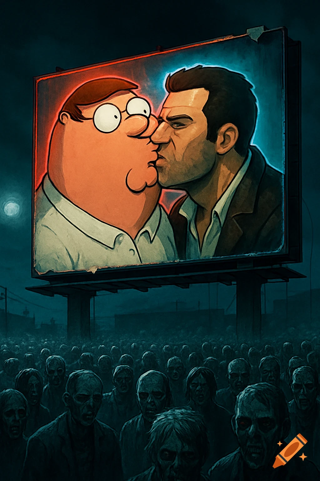 Peter Griffin and Frank West kiss on a glowing billboard above a vast ...