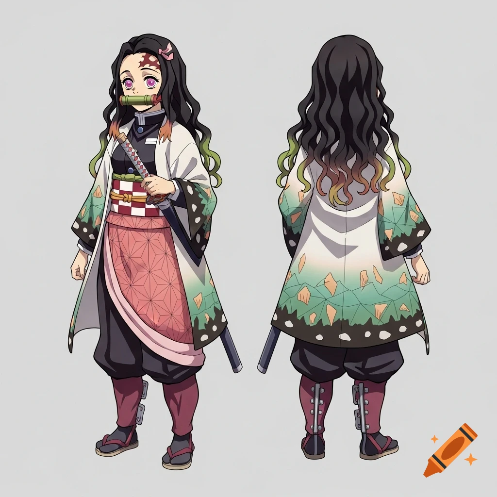 Anime character Nezuko in front and back views, wearing a patterned ...