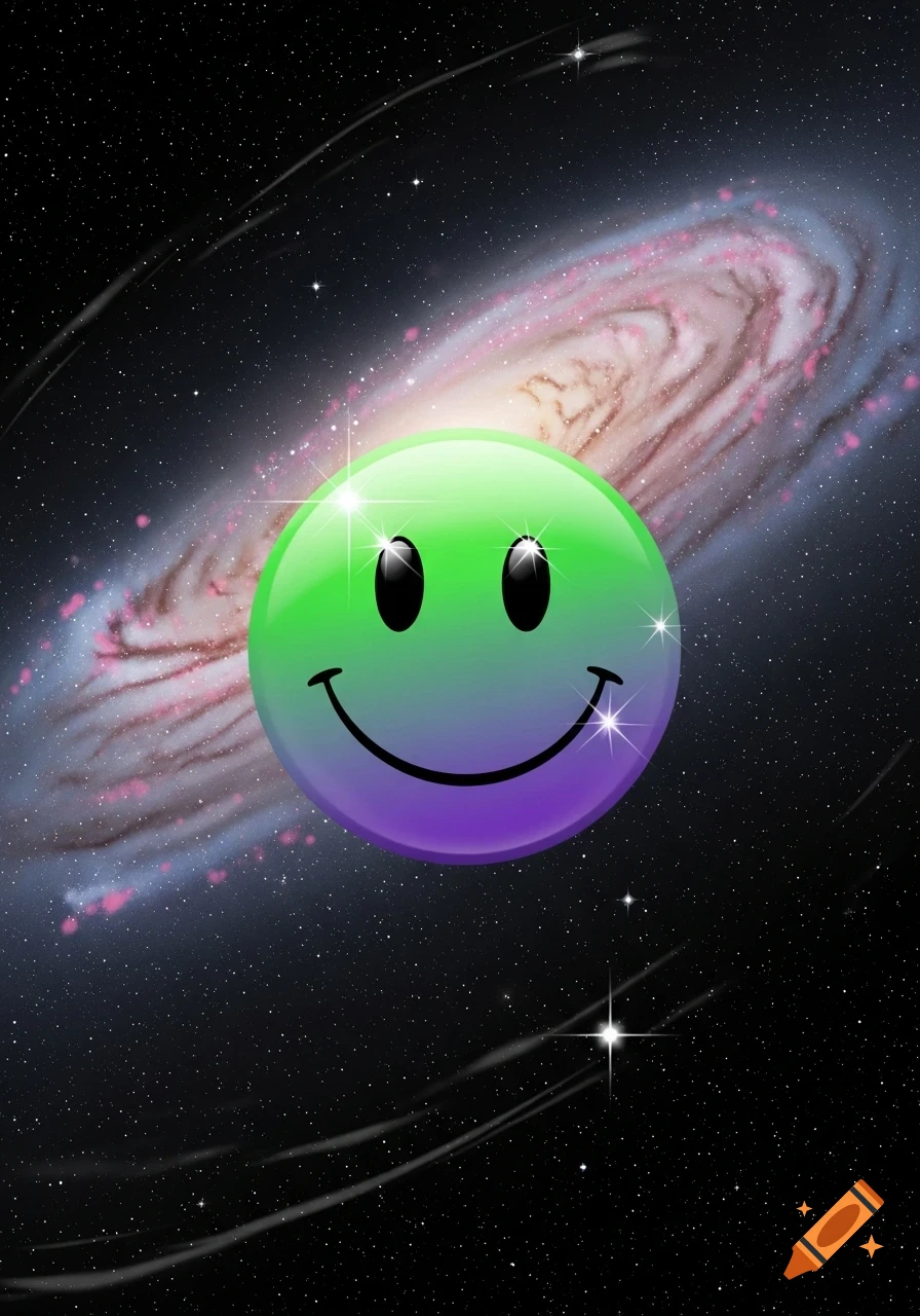 A vibrant green and purple gradient smiley face floats in deep space ...
