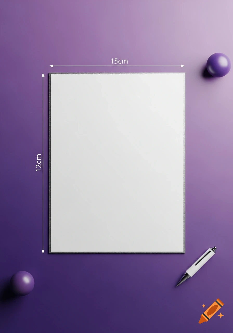 A blank white sheet of paper, labeled 12cm by 15cm, with a white pen ...