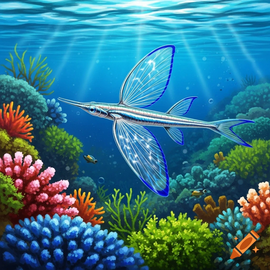 A unique slender fish with glowing silver-blue transparent fins swims ...