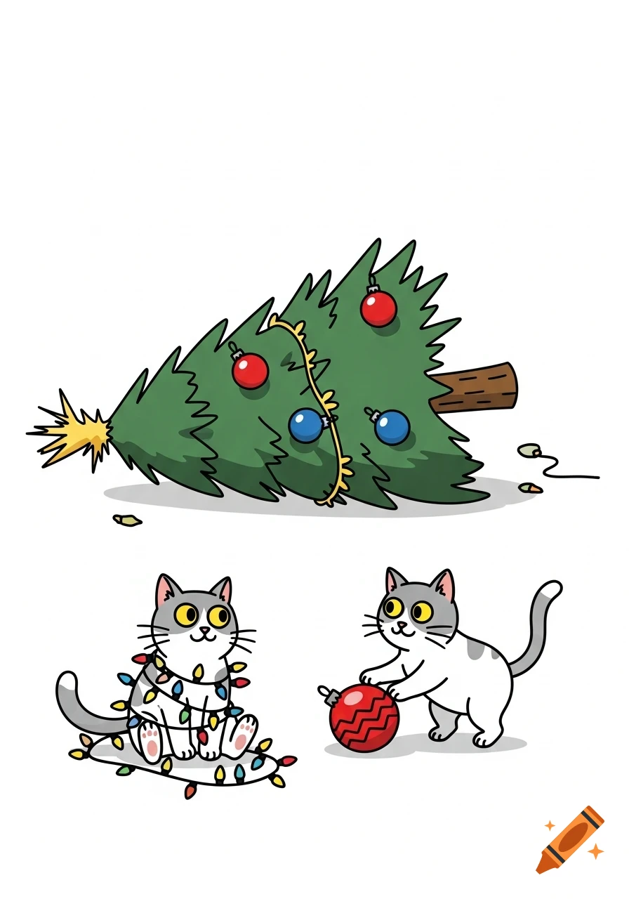 A simplistic cartoon shows a fallen Christmas tree, one cat wrapped in ...