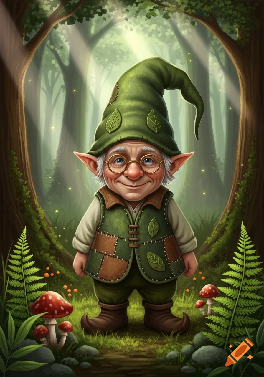 A whimsical illustration of a smiling old gnome with a green hat and ...