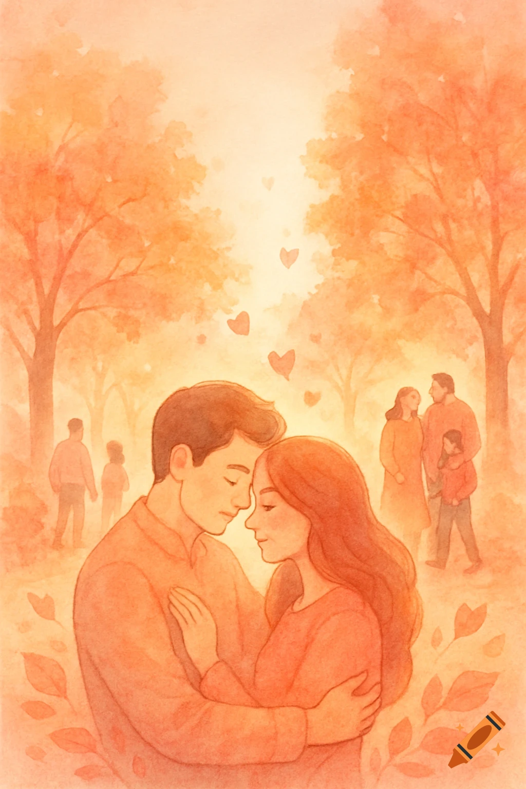 Soft watercolor illustration of a couple embracing in an autumn park ...