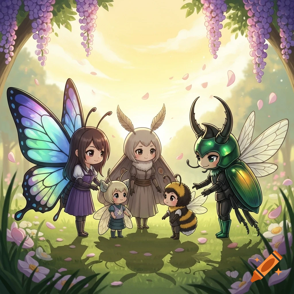 Cute chibi anime insect human characters of a butterfly, moth, beetle ...