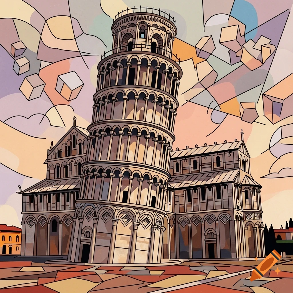 A cubist illustration of the Leaning Tower of Pisa and surrounding ...