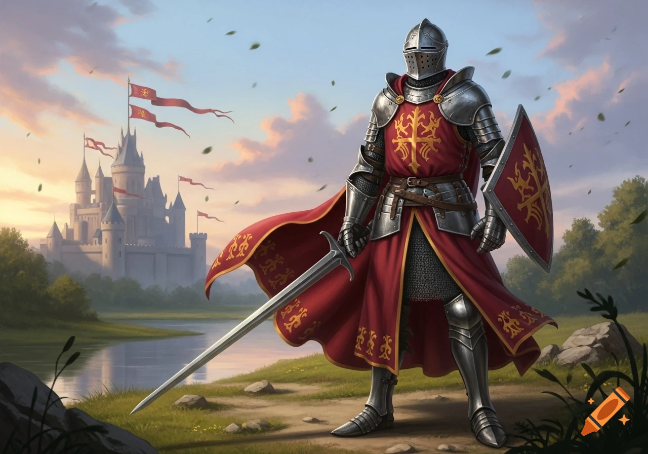 A knight in shining silver armor and a red tabard holding a sword and ...