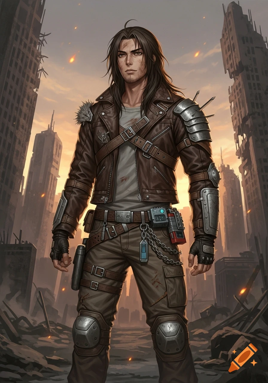 Anime painting of a man with long dark hair in post-apocalyptic gear ...