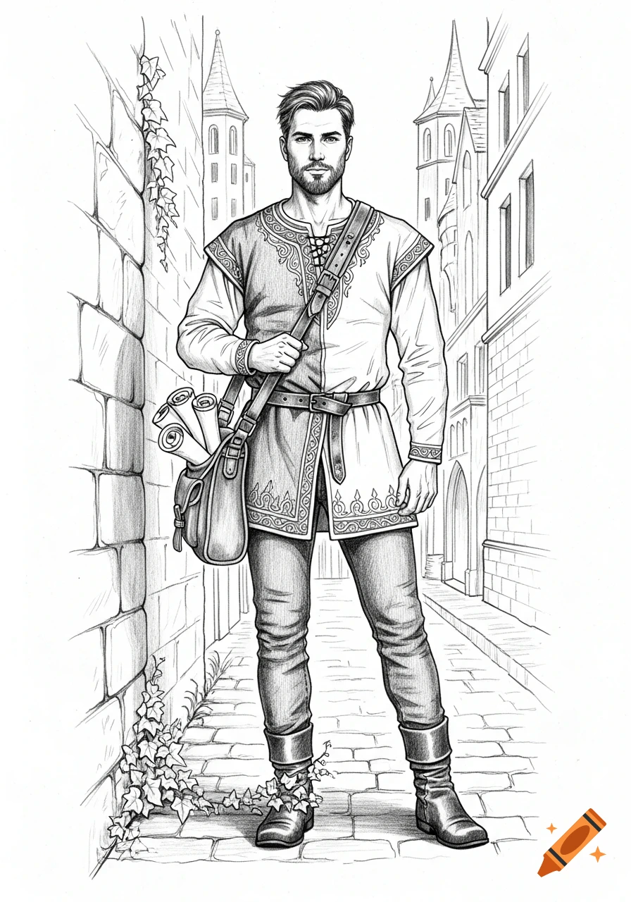 A pencil drawing of a man in a medieval tunic, jeans, and boots, with a ...