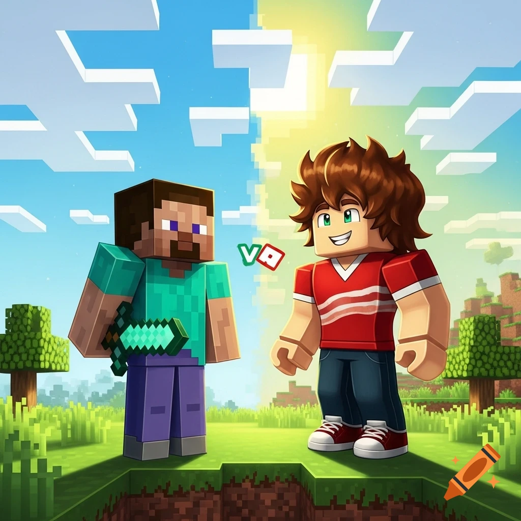 Minecraft Steve with a diamond sword stands opposite a Roblox-style character with brown hair ...