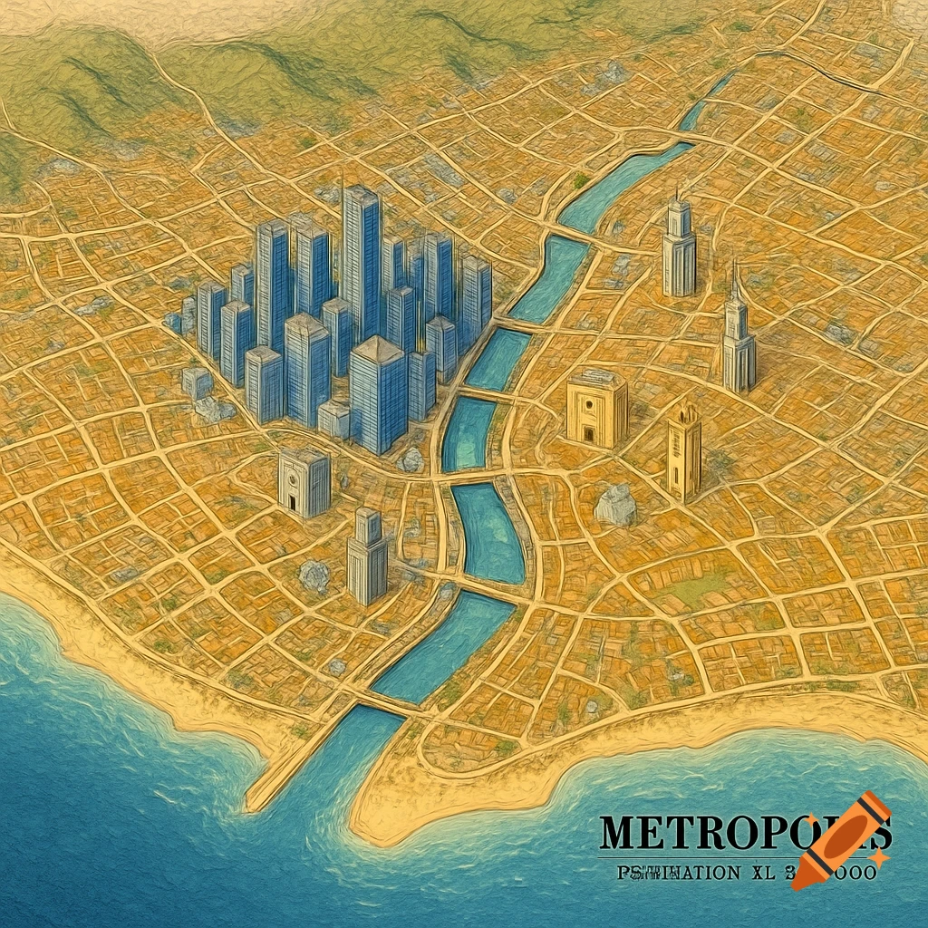 Isometric illustration of a fantasy city map with a river, skyscrapers ...