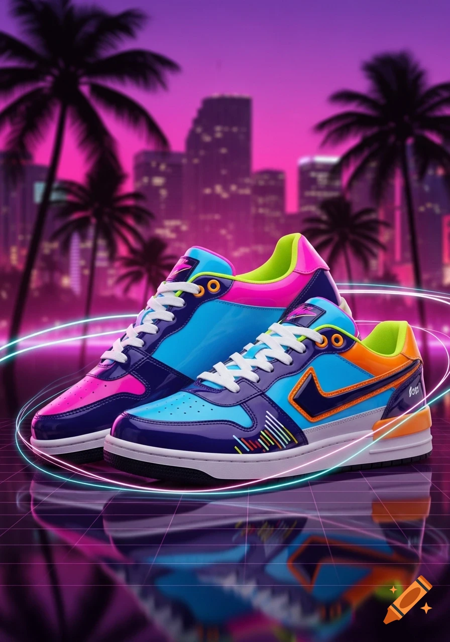A pair of vibrant neon-colored sneakers with white laces on a ...