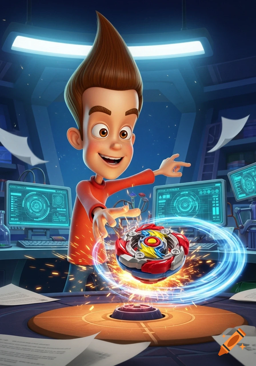 A stylized cartoon boy, resembling Jimmy Neutron, smiles while ...
