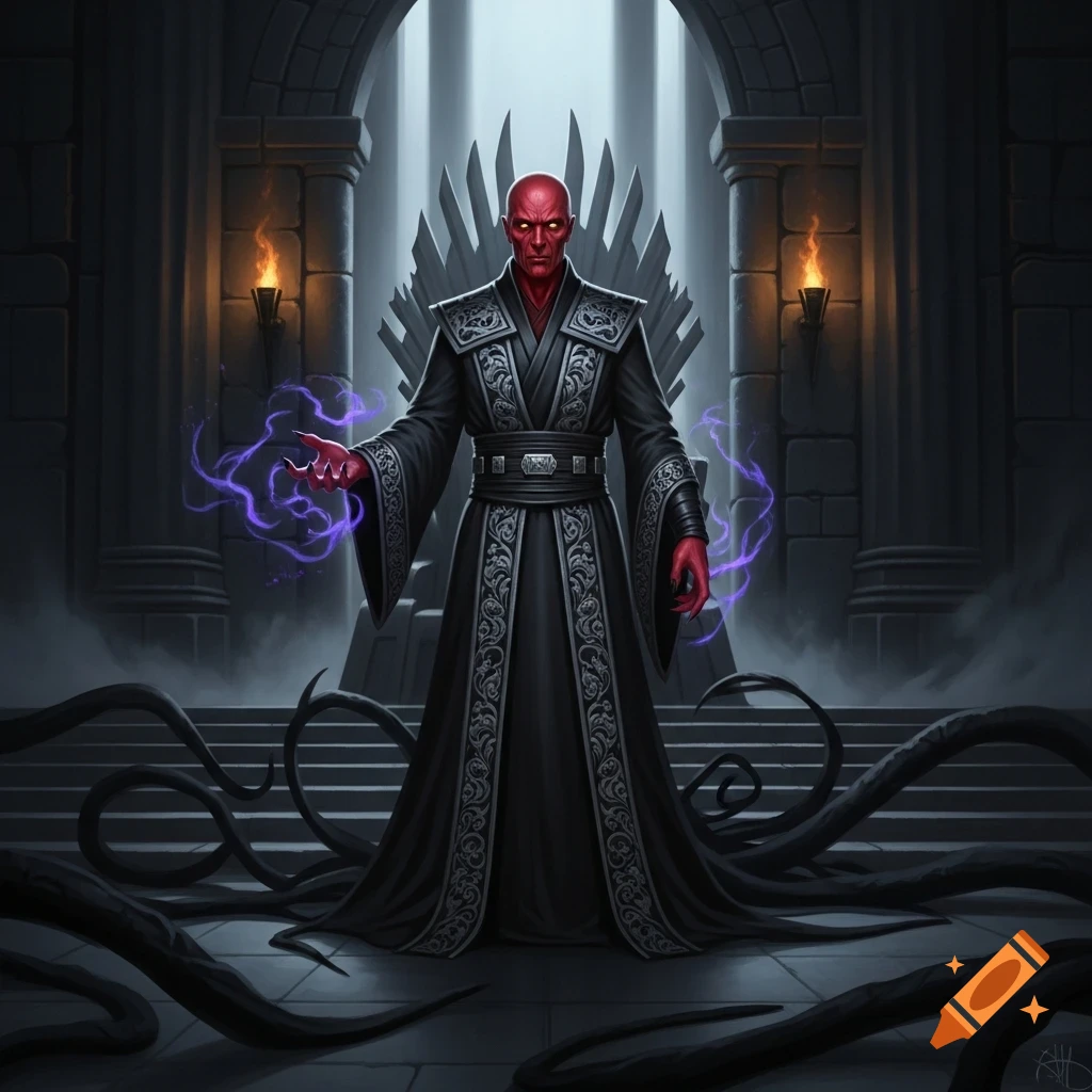 A red-skinned humanoid in dark, ornate robes stands in a gothic hall ...