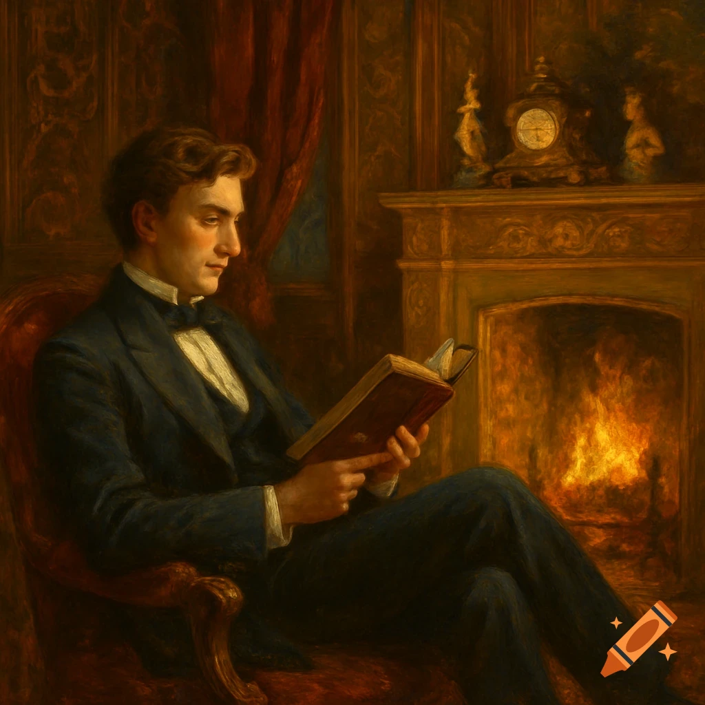 A young aristocratic man in evening wear reads a book in an armchair by ...