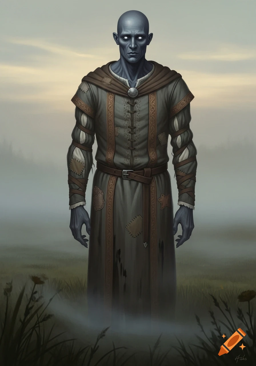 A gaunt, grey-skinned goliath with blank white eyes, dressed in ...