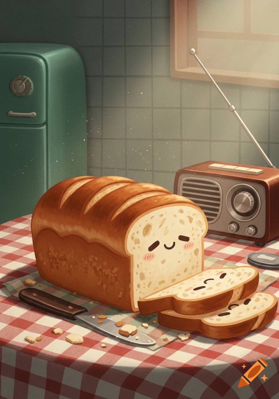 Cute cartoon lofi sliced loaf of bread with a face and crumbs on a ...