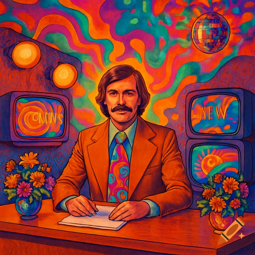 A psychedelic 1970s style news anchor with a mustache sits at a desk ...