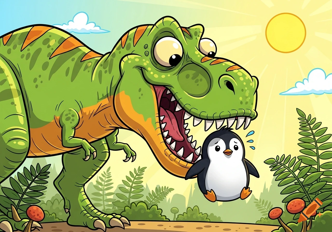 A cartoon T-Rex with a wide-open mouth is about to bite a small, scared ...