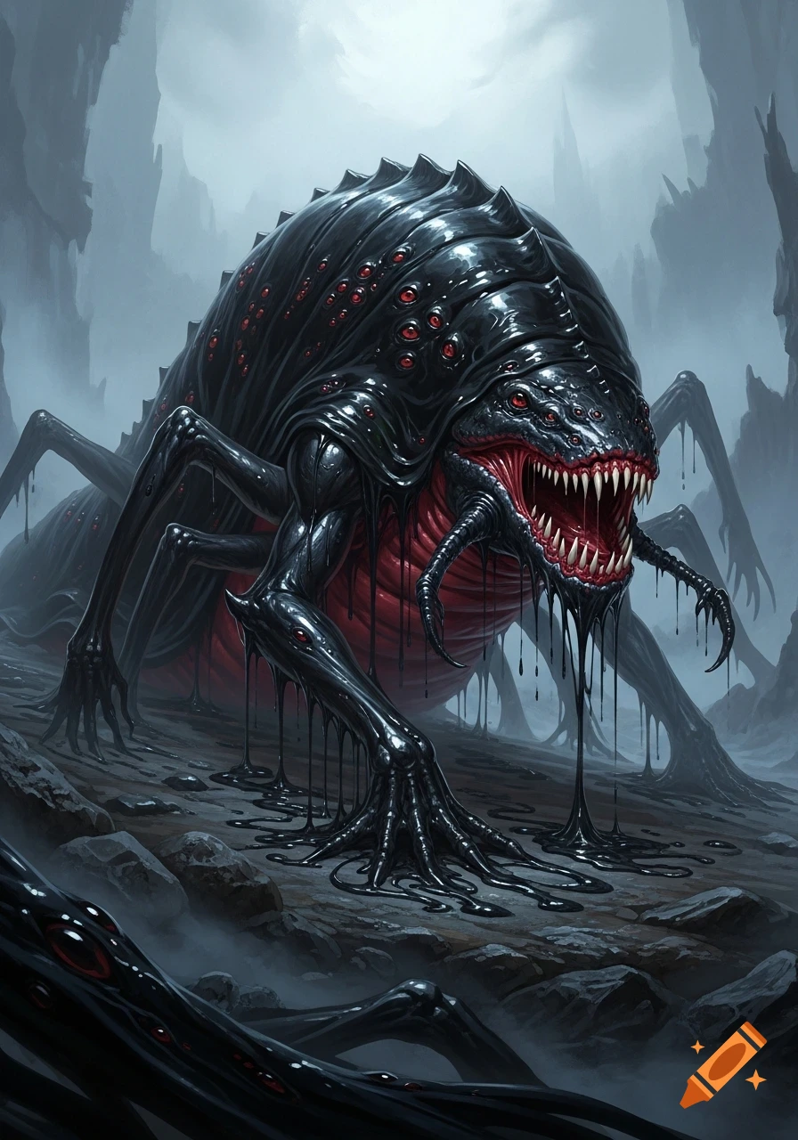 A monstrous, black, slimy, slug-like creature with many legs, a gaping ...
