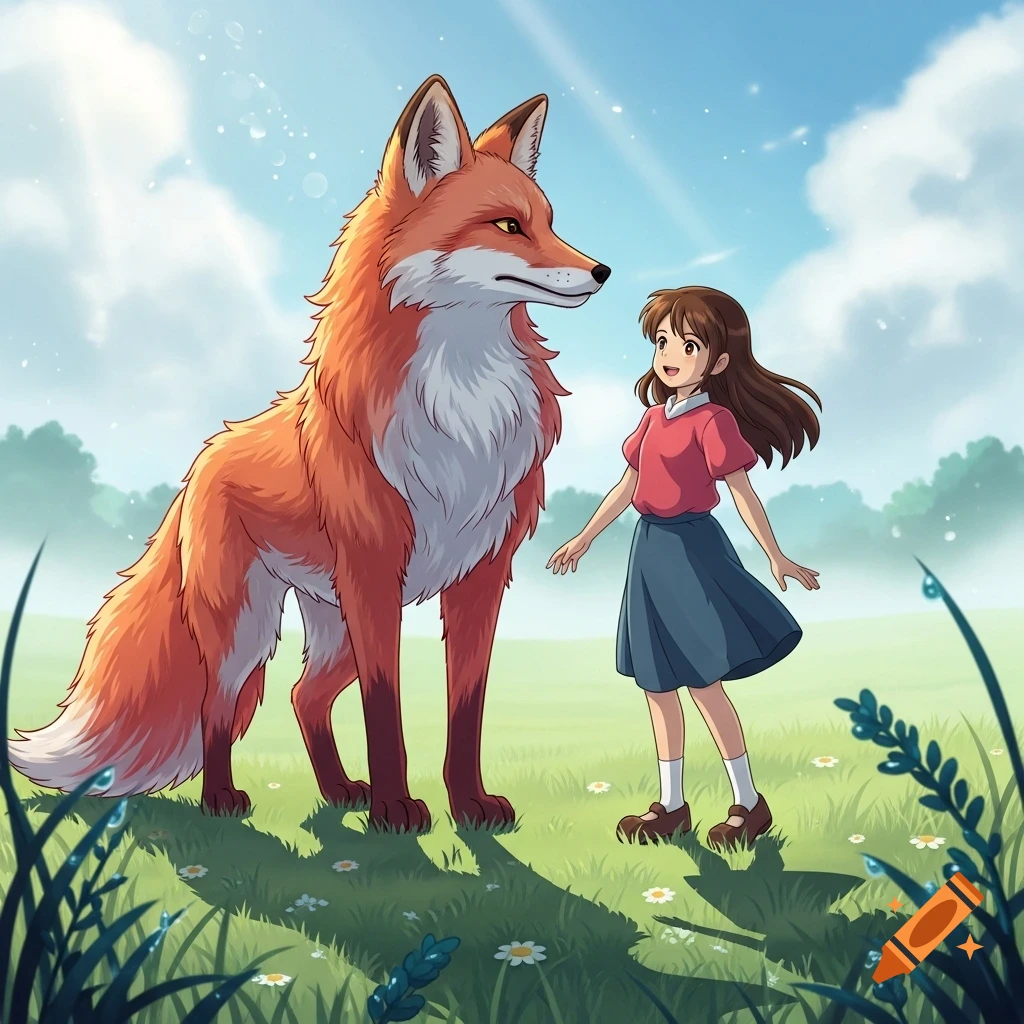 A large, fluffy red fox stands next to a small girl with brown hair in ...